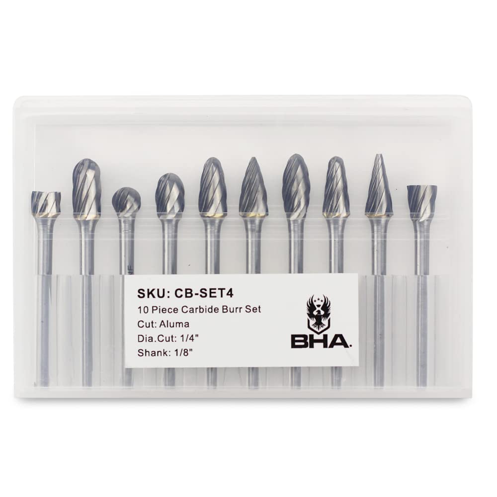 BHA Tungsten Carbide Burr Die Grinder Rotary Tool Bit Set for Aluminum and Other Non Ferrous Material Engraving and Precision Work, Aluma Cut with 1/8” Shank - 10 Pieces