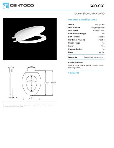 Centoco Black Toilet Seat Elongated, Toilet Seat Cover, Closed Front with Cover, Residential, Top Mount Plastic Hinge, Plastic, Made in the USA, 600-407