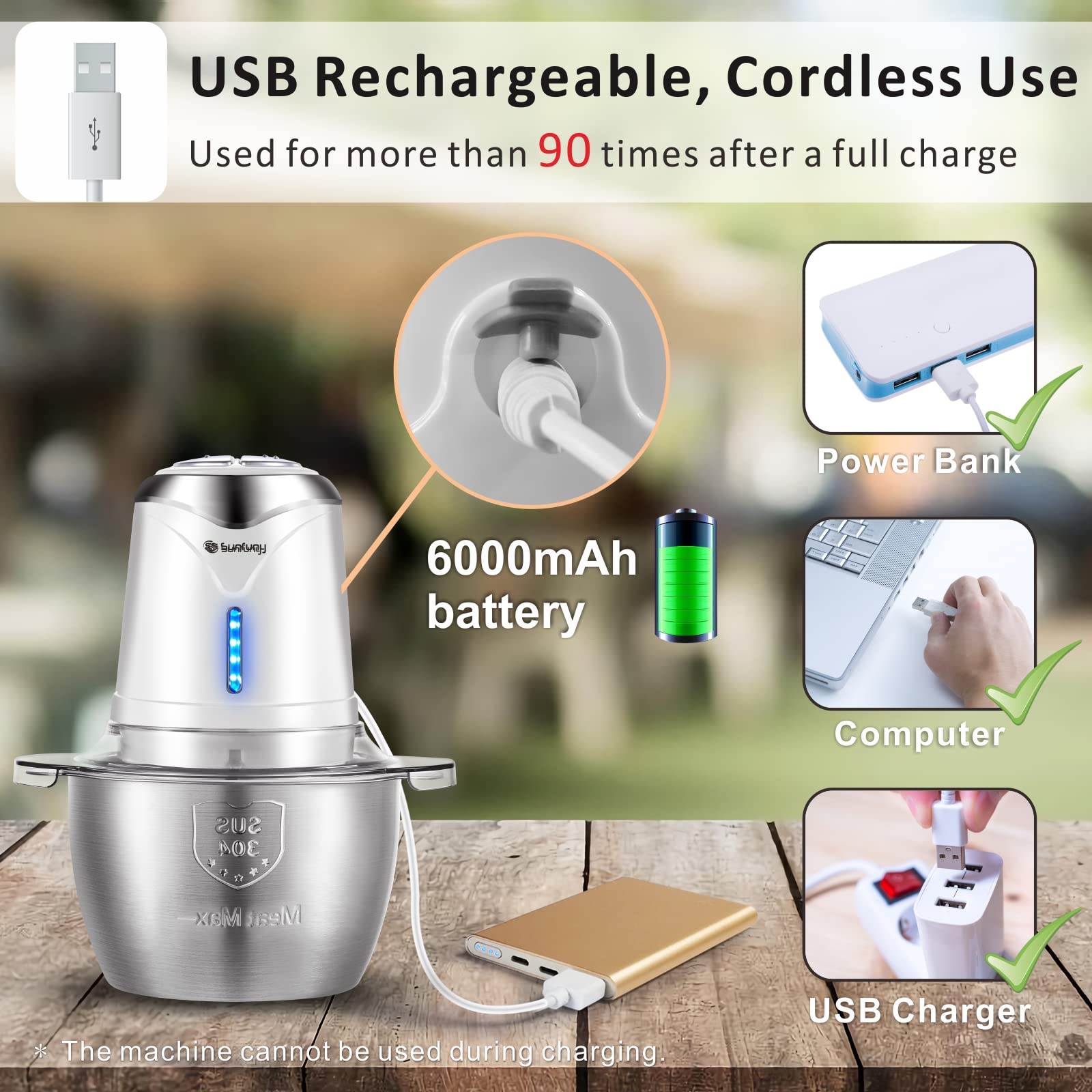 Food Processor Cordless Vegetable Chopper with 5 Cup Stainless Steel Bowl&6000mAh USB Rechargeable Battery, Electric Garlic Meat Choppers BPA-free Baby Food Processors Blender Mincer, 2 Speeds (White)