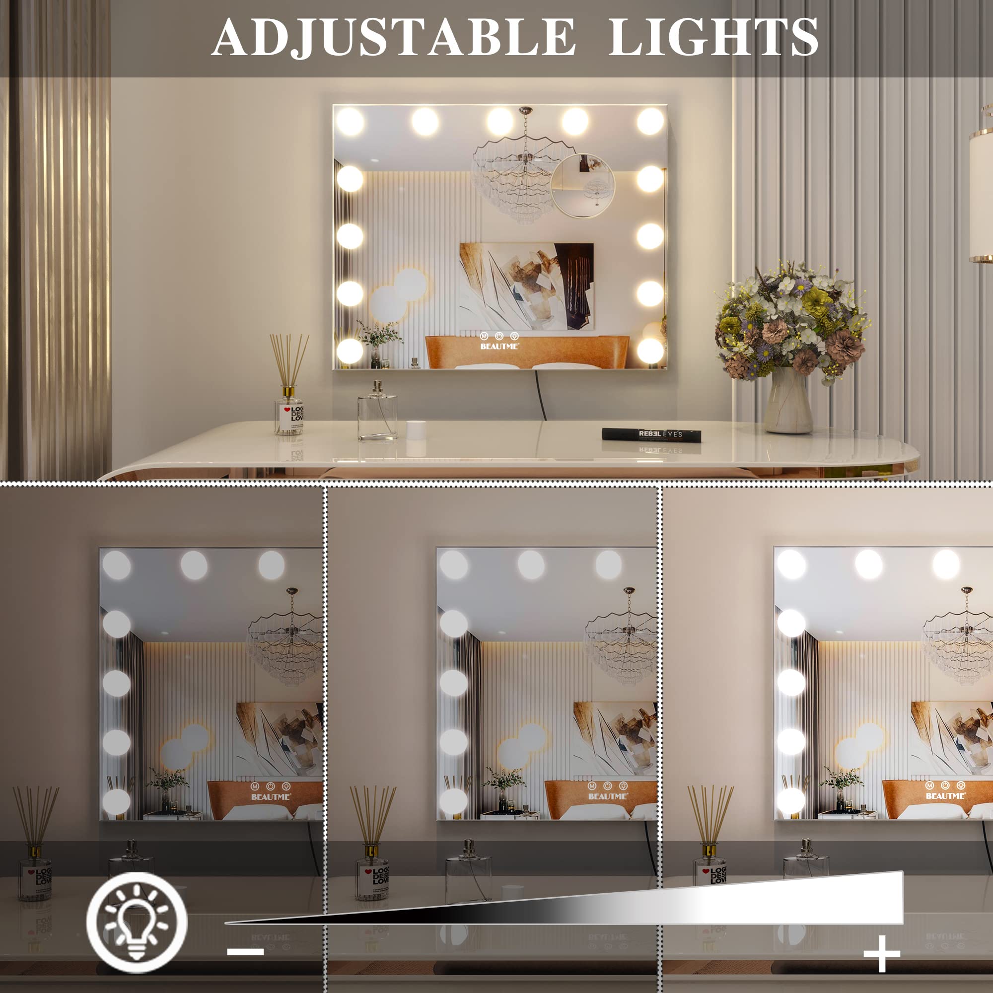 BEAUTME Vanity Mirror Hollywood Mirror with Lights,Led Makeup Mirror with Magnifying Mirror Bedroom Table Mirror/Wall Mounted Mirror Big
