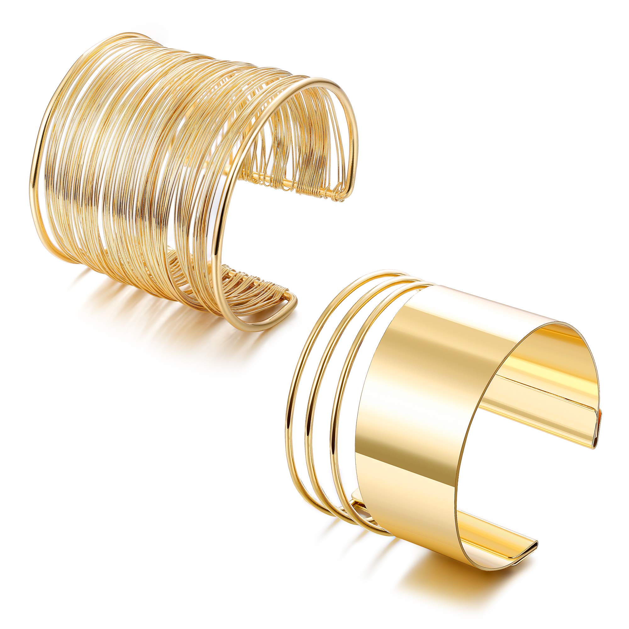 Besteel 2 Pcs Cuff Bangle Bracelet Set for Women Open Wide Wire Bracelets Adjustable Gold Sliver-Tone Plated (Gold-tone A)