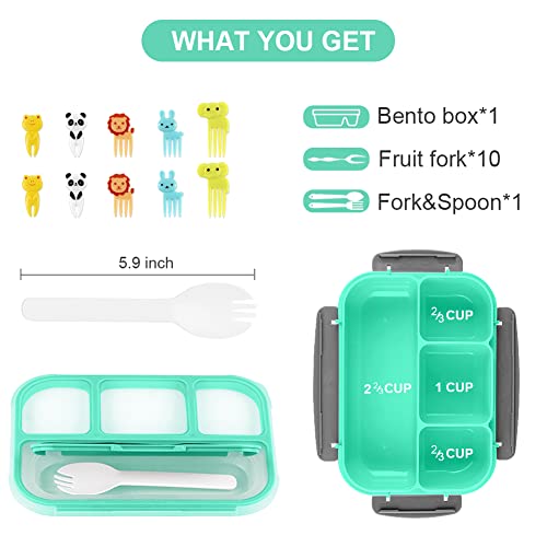 BentoMoment Bento Lunch Box, 4 Compartments Lunch Box Containers for Adults, 5 Cups Bento Box with Utensils& Fruit Fork, Cute Snack Lunch Box, Leakproof Microwave Safe Bento Boxes, Green