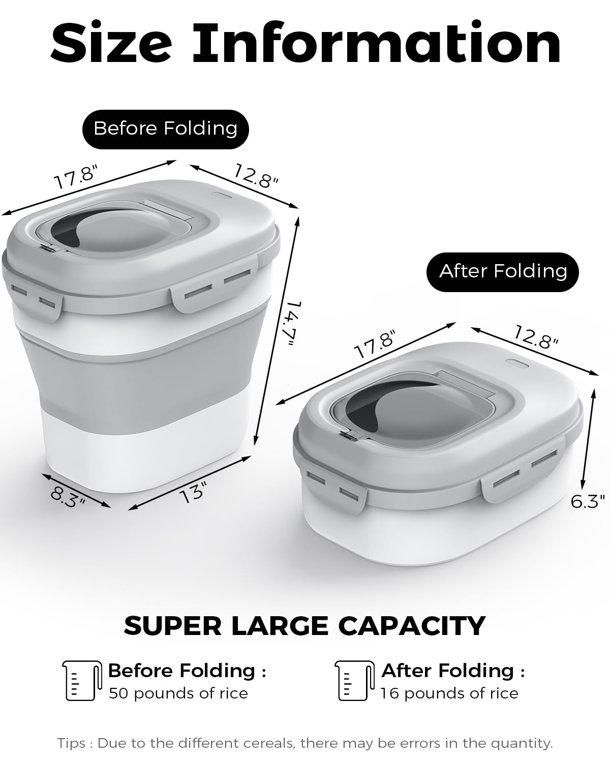 Rice Storage Containers, Collapsible 20-50Lbs Food Storage Bin with Rolling Wheel Airtight Lid,Flour Storage Container with Small Food Container & Scoop for Flour, Sugar, Cereal and Dog Cat Pet food