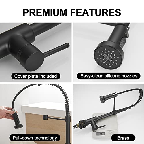 BESy Kitchen Faucet with Pull Out Pull Down Sprayer, Rv Brass High-Arc Single Handle Single Lever Spring Kitchen Sink Faucet, 3 Function Laundry Faucet, Matte Black Finish