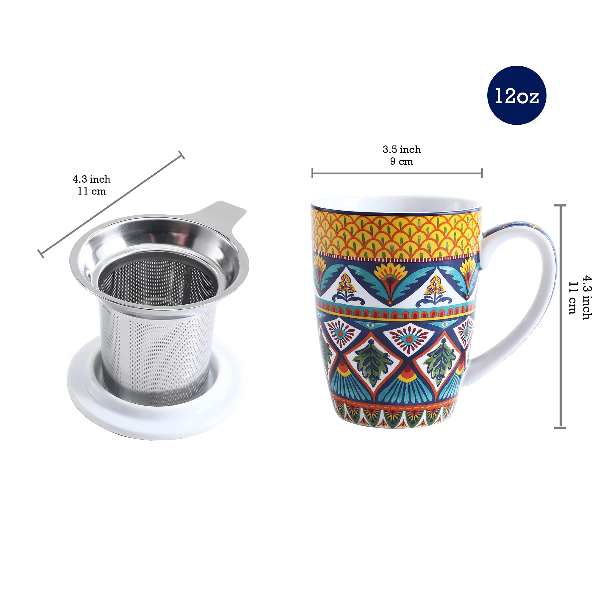 Bico Havana 12oz Porcelain Tea Mug with Infuser and Lid, Microwave & Dishwasher Safe