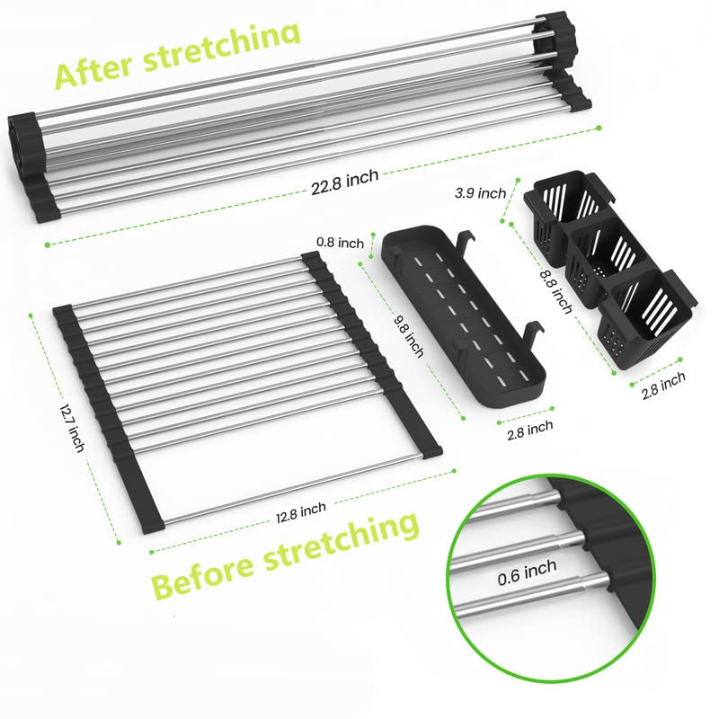 BBXTYLY Black Expandable Roll Up Dish Drying Rack Up to 22.8''with 2 Storage Baskets,Over The Sink Rolling up Dish Drainer, Foldable,Rollable,for Kitchen Dishes,Cups