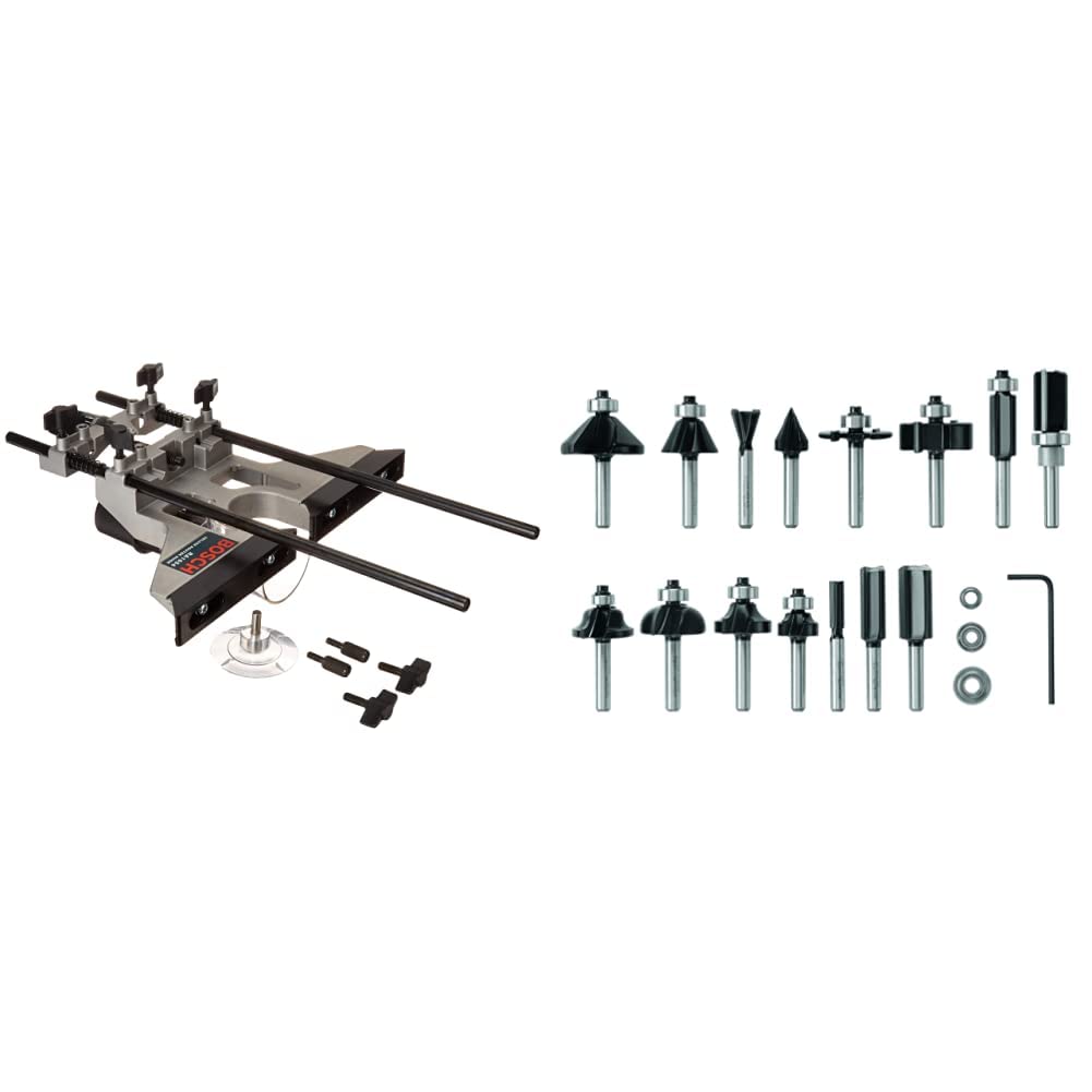 BOSCH RA1054 Deluxe Router Edge Guide with Dust Extraction Hood & Vacuum Hose Adapter, Black&BOSCH 15 pc. Carbide-Tipped Wood Router Bit Set