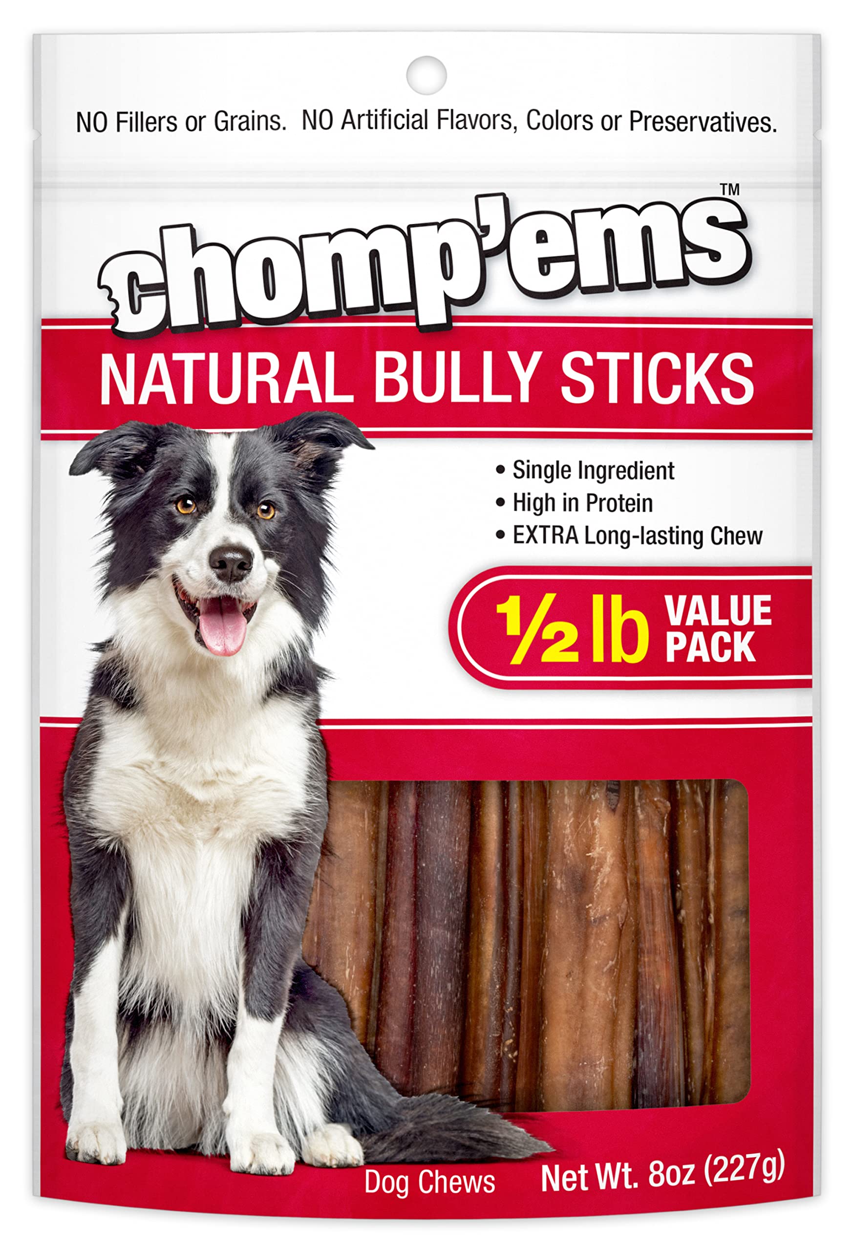 Chomp'ems Naturally Delicious Bully Sticks - Long Lasting No Hide Dog Chews - No Artificial Flavors, Colors, Or Preservatives - Protein Rich Alternative to Rawhide, 8 Oz.