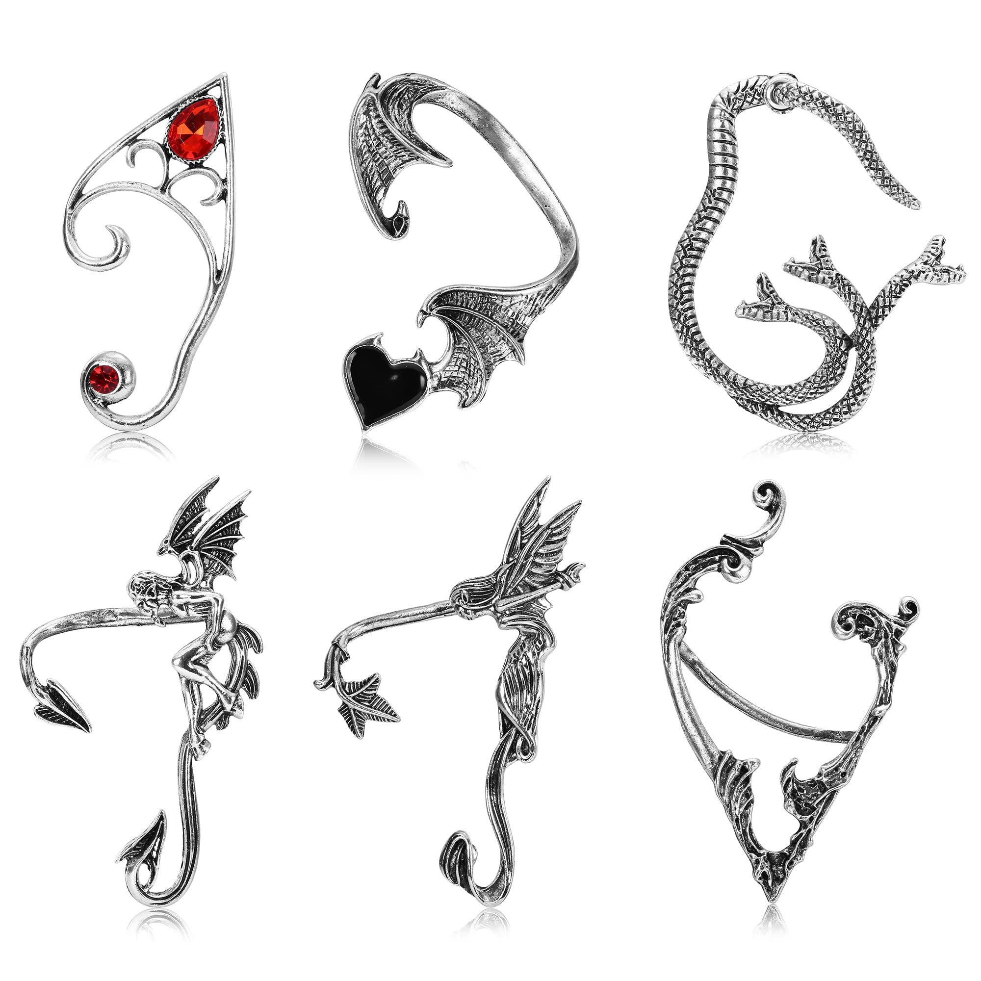 BESTEEL 6 Pcs Vintage Silver Hip Hop Earrings Punk Earring Studs for Men Women Pierced Gothic Elf Ear Cuffs with Piercing Stud Earrings Retro Snake Devil Bat Dragon Tentacle Earrings Pierced Cuff Wrap Earrings Cosplay Jewelry Gifts Halloween Christmas Par