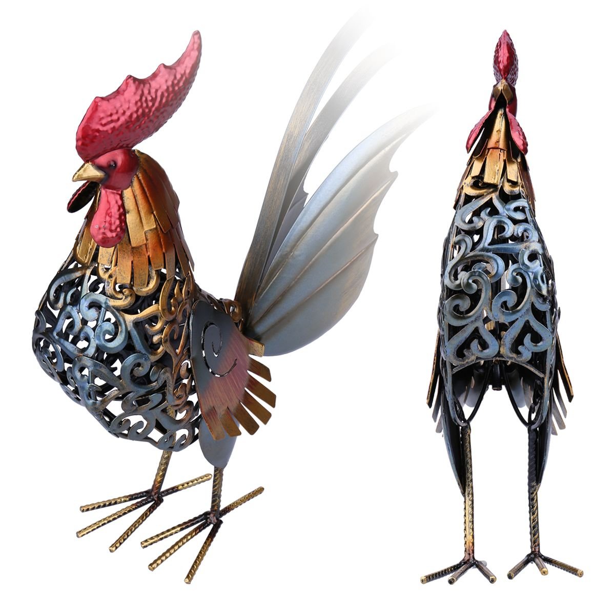 Kavolet Metal Rooster Garden Statue, Rooster Sculpture Decor, Iron Chicken Carved Sculpture Lawn Ornament, for Patio, Backyard, Kitchen, Home Decoration