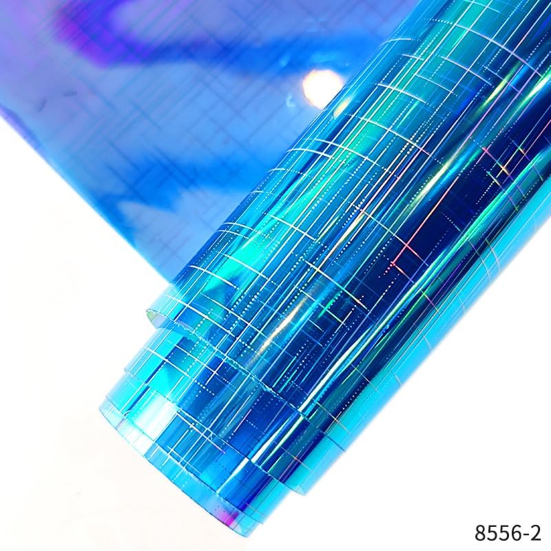 HYANG Holographic Iridescence Blue Stripe PVC Leather Vinyl Sheets, PVC Leather Fabric Sheets 1 Roll 12" x 53" (30cm x 135cm) Perfect for Handmade, Bows, Earrings,Handbag,Sewing,Crafts