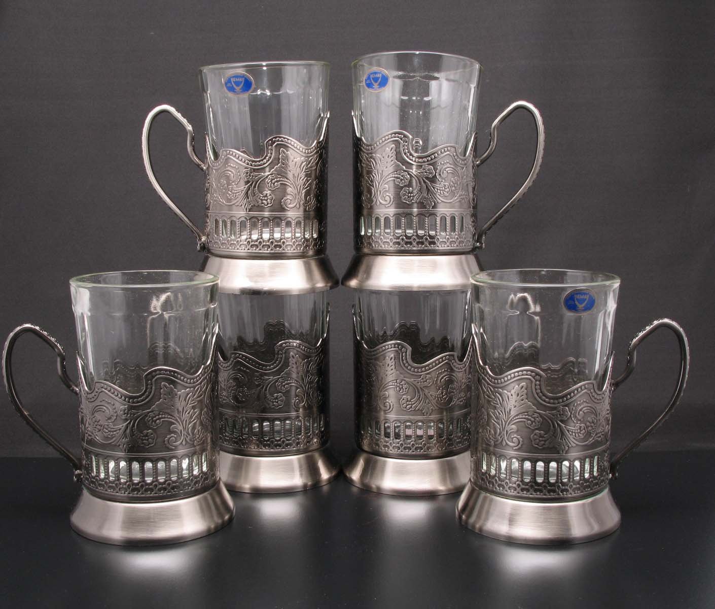 Belarus Russian Traditional Tea Set of 6 Granyoniy Hot Tea Glasses + 6 Metal Holders Podstakannik, Vintage, USSR