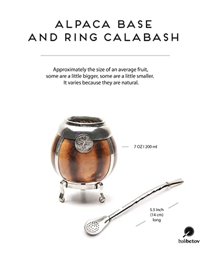 BALIBETOV [New Handmade Yerba Mate Gourd Set - German Silver Trim and Base - [Mate Cup] with Bombilla [Yerba Mate Straw] (Natural)