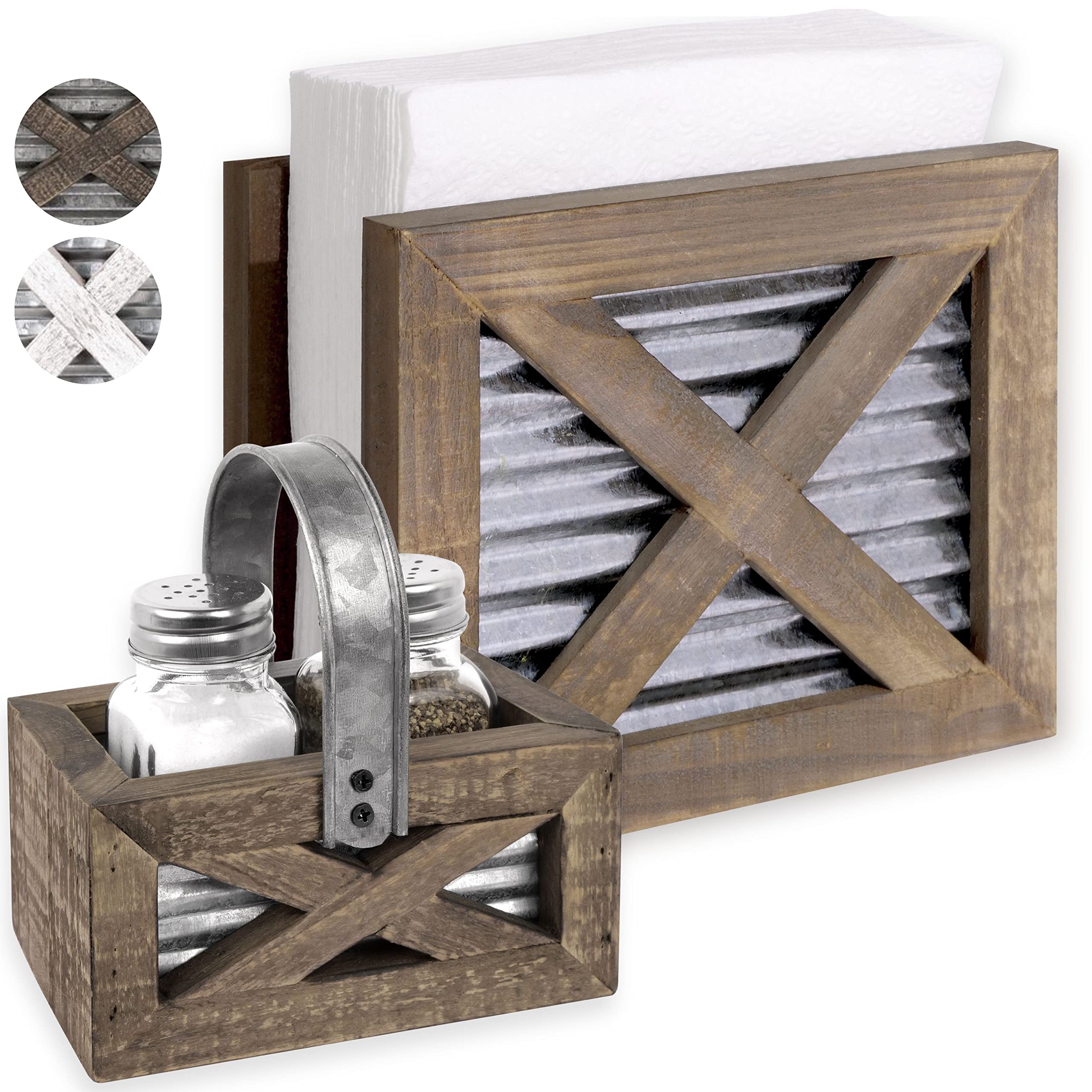 Autumn Alley Farmhouse Napkin Holder and Adorable Farmhouse Salt and Pepper Shakers Set With Wood Holder - Barn Door Motif, Galvanized Metal - Upright Rustic Napkin Holder Rustic Kitchen Décor (Brown)