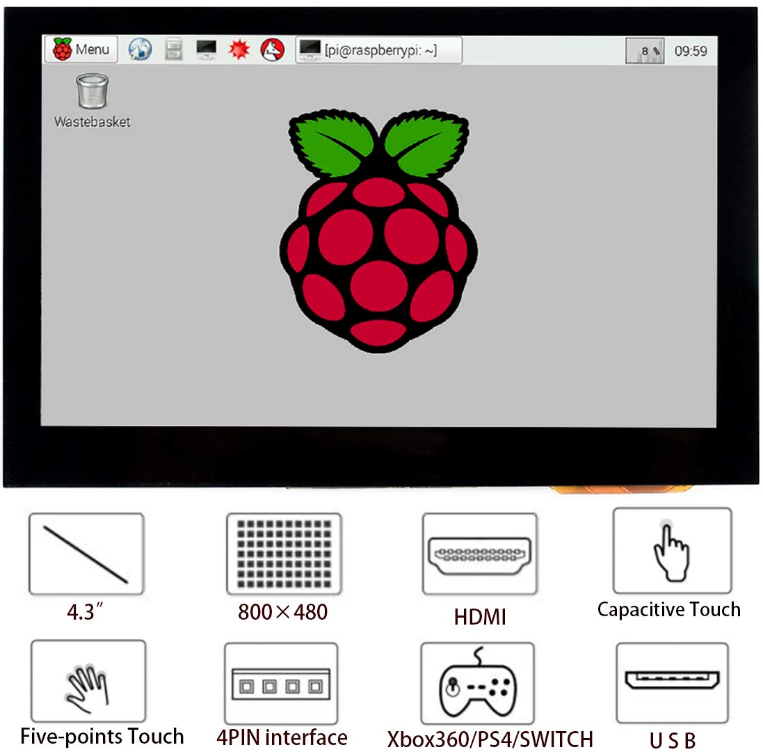 waveshare 4.3inch HDMI LCD (B) 4.3" 800x480 Touch Screen LCD Capacitive Display IPS Monitor for Raspberry Pi 4B/3B+/3B/2B/A+/Zero/Zero W/WH,Jetson Nano,PC Windows 10/8.1/8/7,BB Black, Banana Pi