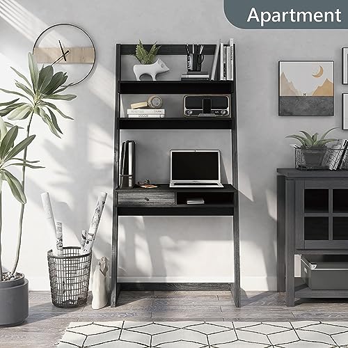 HOMES: Inside + Out Rexroad Wood Ladder Writing Desk with 1 Drawer and 3 Shelves-Versatile Kids Table, Wall-Mountable Leaning Design, Black and Distressed Gray