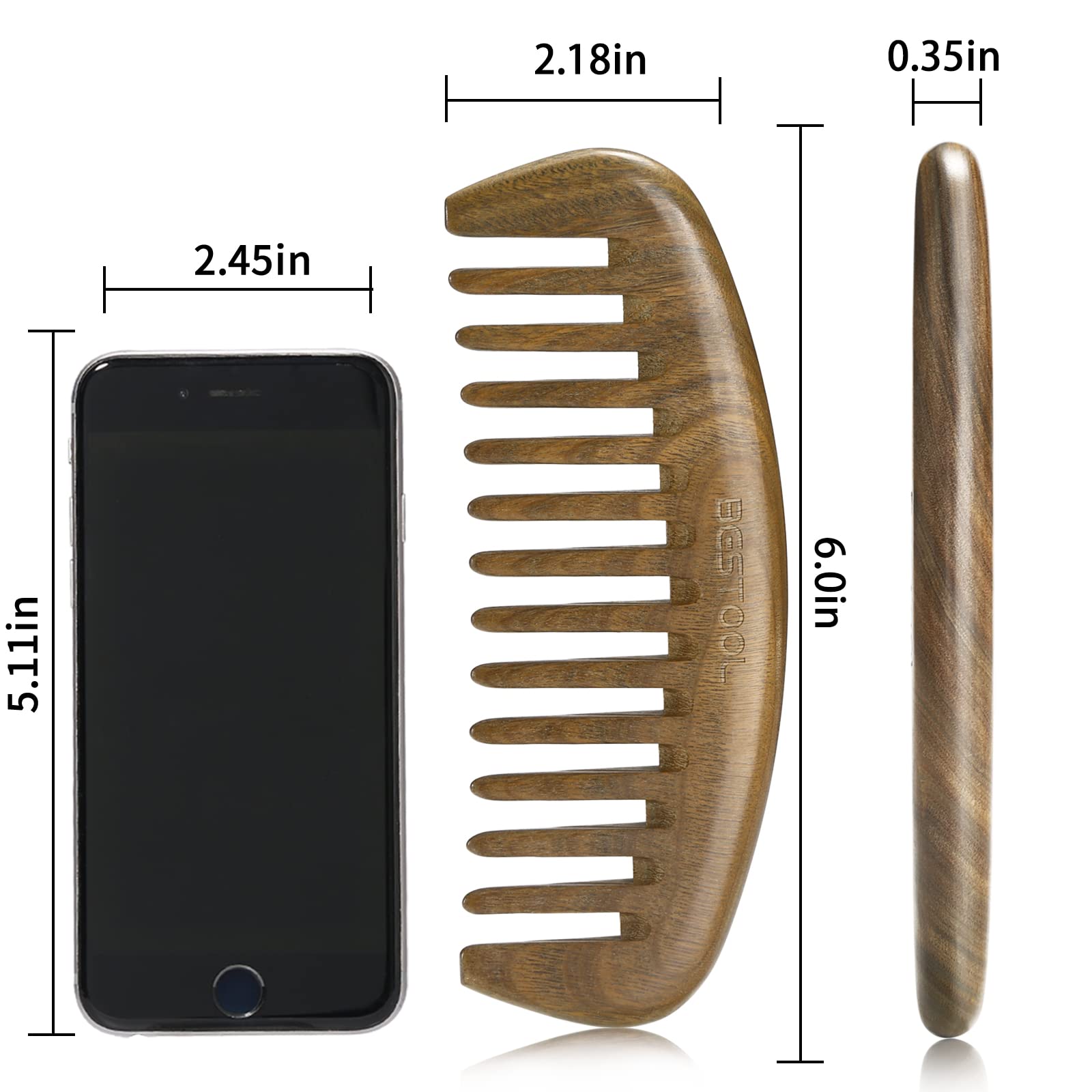 BESTOOL Wide Tooth Comb,Extra Large Sandalwood Wide Tooth Comb 100% Natural Sandalwood Comb Detangler for Curly Long Thick Wet or Dry Hair Anti-static