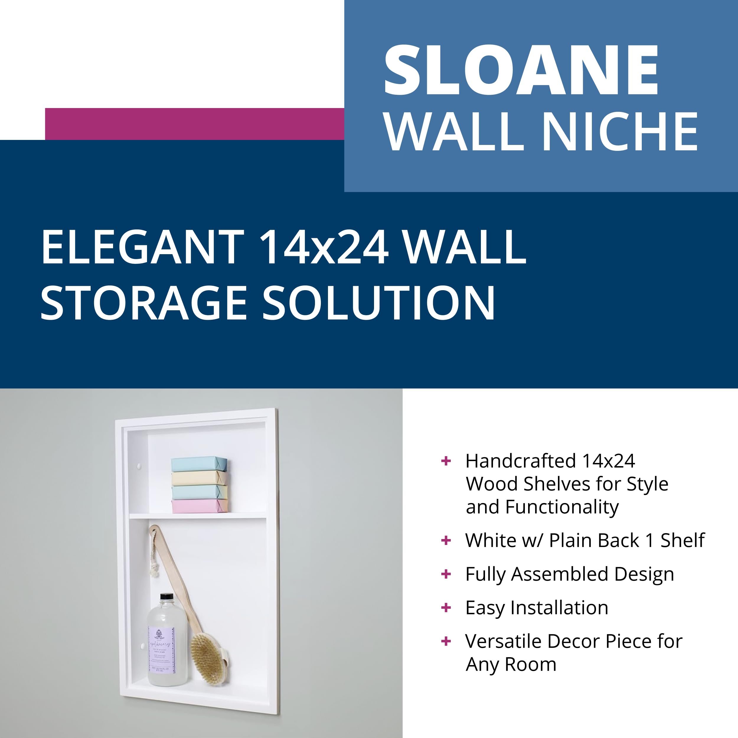 Fox Hollow Furnishings 14x24 Recessed Sloane Wall Niche - Wall Shelf for Storage and Home Decor, 2 Shelves (White with Plain Back)