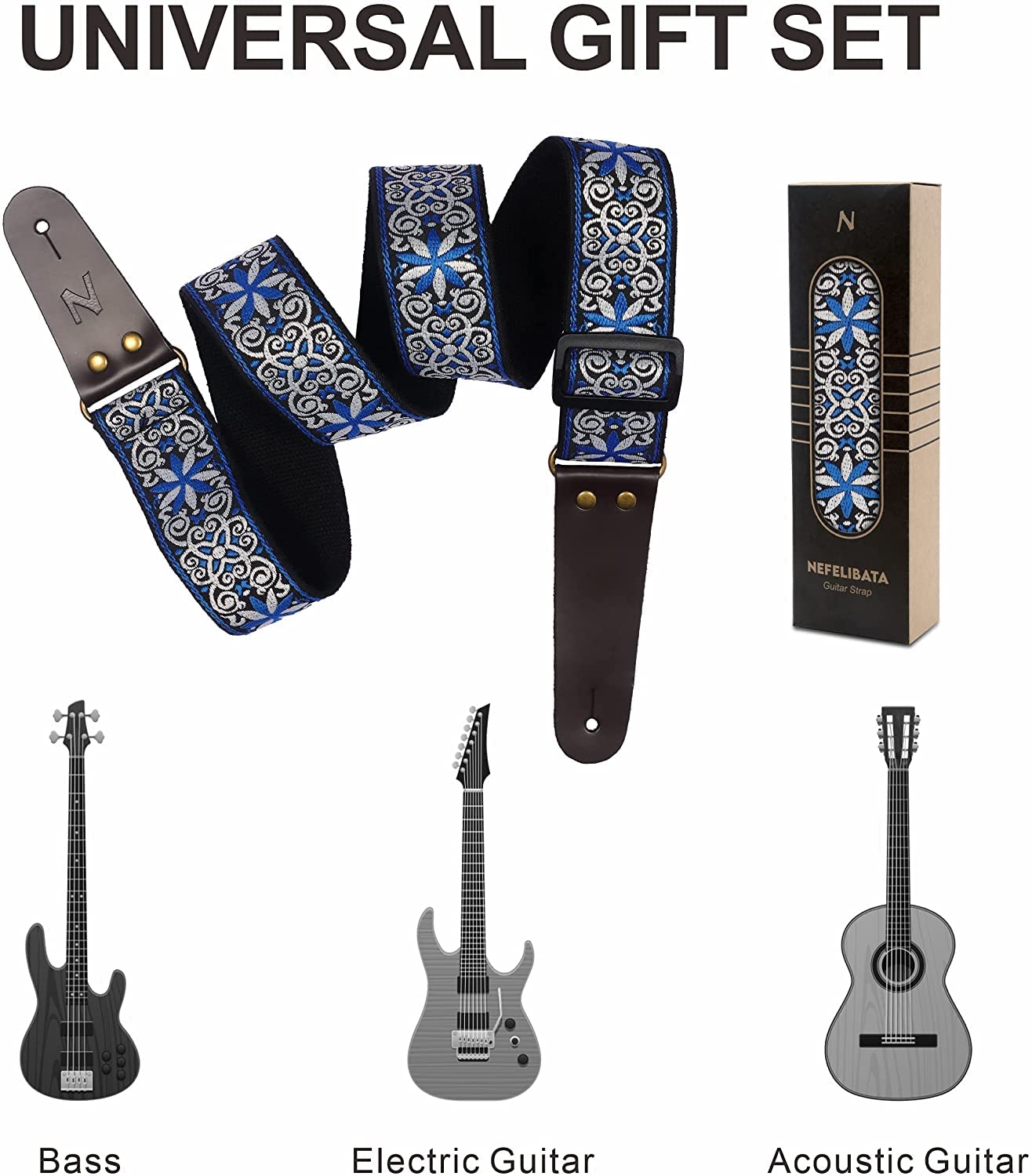 Guitar Strap, Vintage Embroidered Cotton Guitar Straps with Genuine Leather Ends for Bass, Electric & Acoustic Guitars, Come with Free Strap Button, 1 Pair Strap Locks and 4 Guitar Picks (Blue Flower)