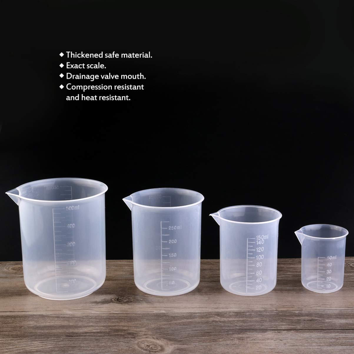 ULTNICE Plastic Beaker Measuring Cup Labs Plastic Graduated Beakers 50ml 150ml 250ml 500ml -Pack of 4