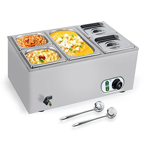 Commercial Food Warmer, 13.7 Qt Steam Table Buffet Food Warmers 1500W 110V 5-Pan Stainless Steel Bain Marie Soup Warmer Adjustable Temp 86-185âWarmers for Food Party, Catering, Restaurants w/2 Ladles