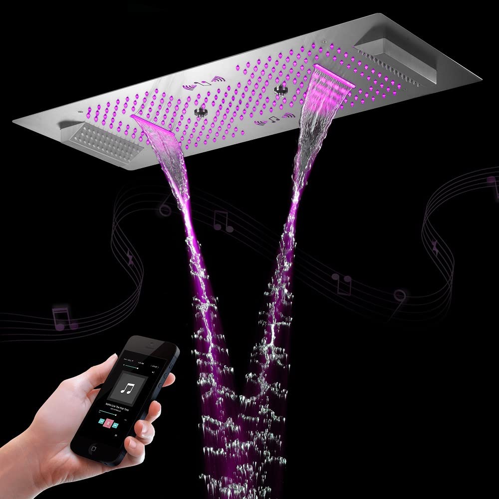 Cascada Luxury 16”x36” Music LED Shower Head with built-in Bluetooth Speakers, 4 functions (Rainfall, Waterfall, Mist Outlet & Side Rainfall) & Remote Control 64 Color Lights (Polished Gold)