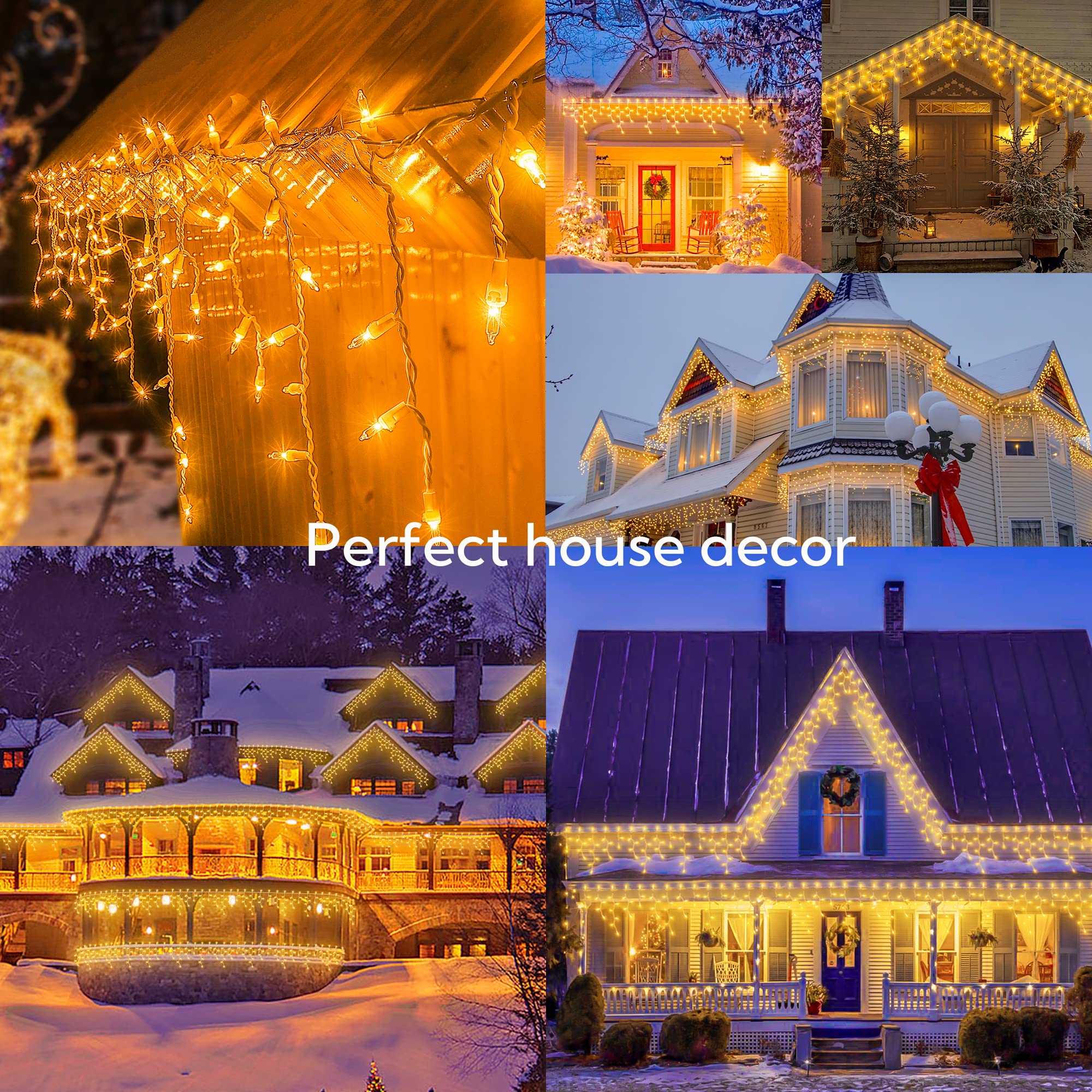 BEEWIN 200 Christmas Icicle Lights, Warm White Clear Bulbs with 23FT Long White Wire, Professional Grade String Lights for Indoor & Outdoor,Xmas,Party, Patio, Courtyard, Window, Fence, Trees Decor