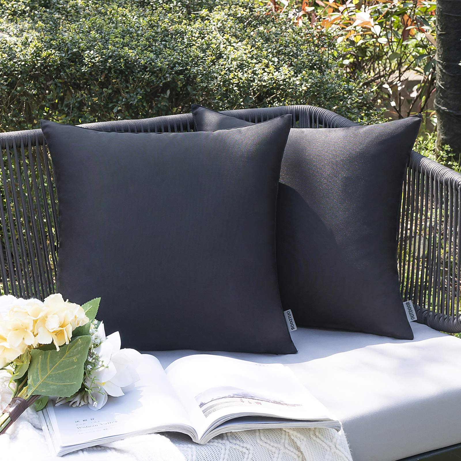 EMEMA Outdoor Waterproof Throw Pillow Covers Water Resistant Garden Chair Decorative Solid Cushion Case for Garden Couch Pet Sofa Home Decoration 20x20 Inches 50x50 cm Black, Pack of 2