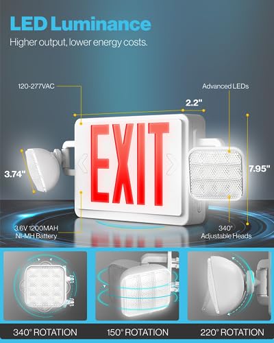 Sunco Red Exit Signs With Emergency Lights, Two Adjustable Square LED Lights, 94V-0 Fire Resistant, Backup Battery, 120-277V, Wall Or Ceiling Mount, Commercial Grade Double Sided 4 Pack