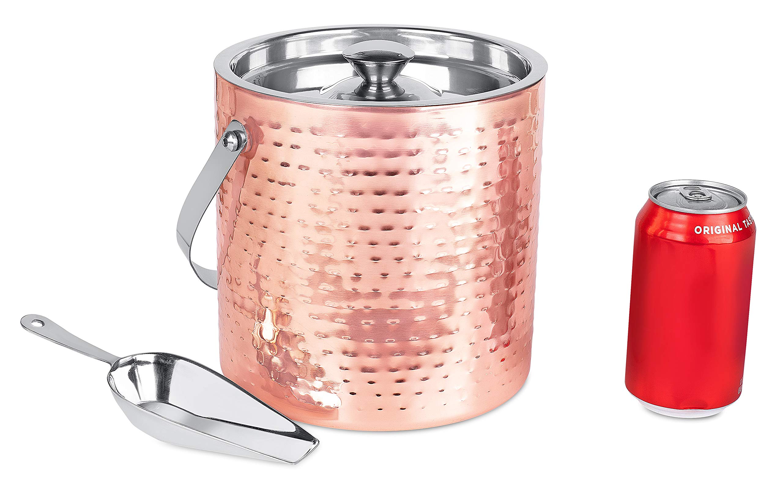 BirdRock Home Ice Bucket with Scoop & Lid - 2.8 Liter Hammered 18/8 Stainless Steel Container for Bar - Double Wall Insulated Bucket with Carrying Handle - Great for Parties - (Copper)