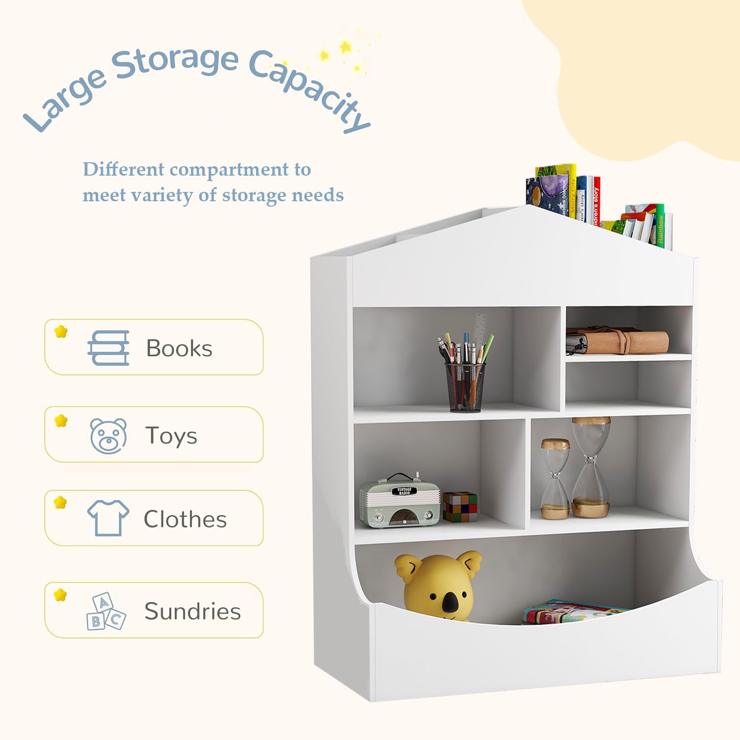 RASOO Kids Bookshelf with Storage Toy Storage Organizer with Bookcase, 4-Tier Freestanding Open Multi-Bins Toys&Books Display Organizer for Playroom, Bedroom, Nursery, School, White