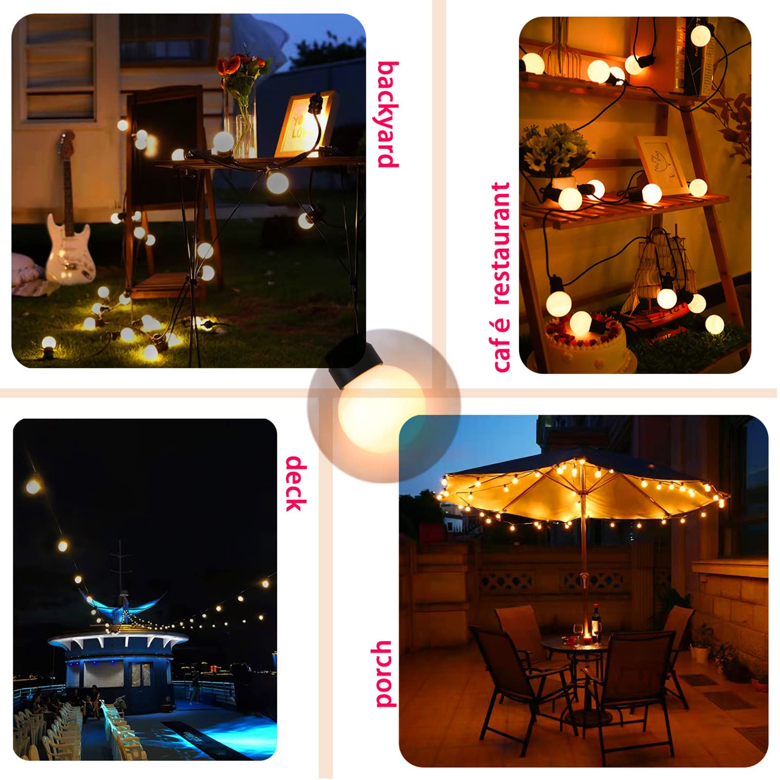 ENCHANT Outdoor String Light 43 FT Strand –LED Lights with 20 Bulbs (2 LED Chips Spare), Weatherproof Connectable Hanging for Patio Garden Bistro Café Night Party Decoration Warm White G50-G1