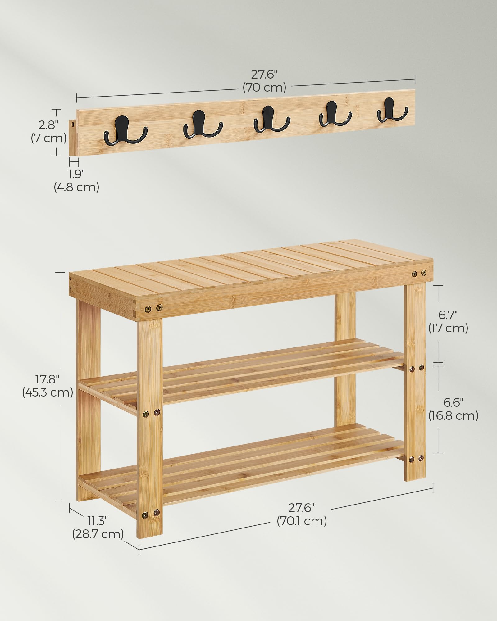 SONGMICS Hall Tree with Bench, Coat Rack Shoe Bench Set, Entryway Furniture, Multifunctional, 5 Double Metal Hooks, 3-Tier Bamboo Shoe Rack, for Entryway, Hallway, Bedroom, Natural Beige ULCR004N01