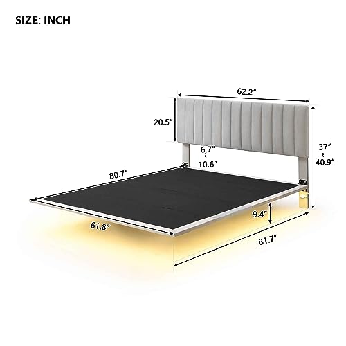 ATY Queen Size Platform Bed with LED Lights & Headboard, Modern Upholstered Floating Bedframe for Bedroom, Guestroom, Noise Free Design& No Spring Needed, Gray