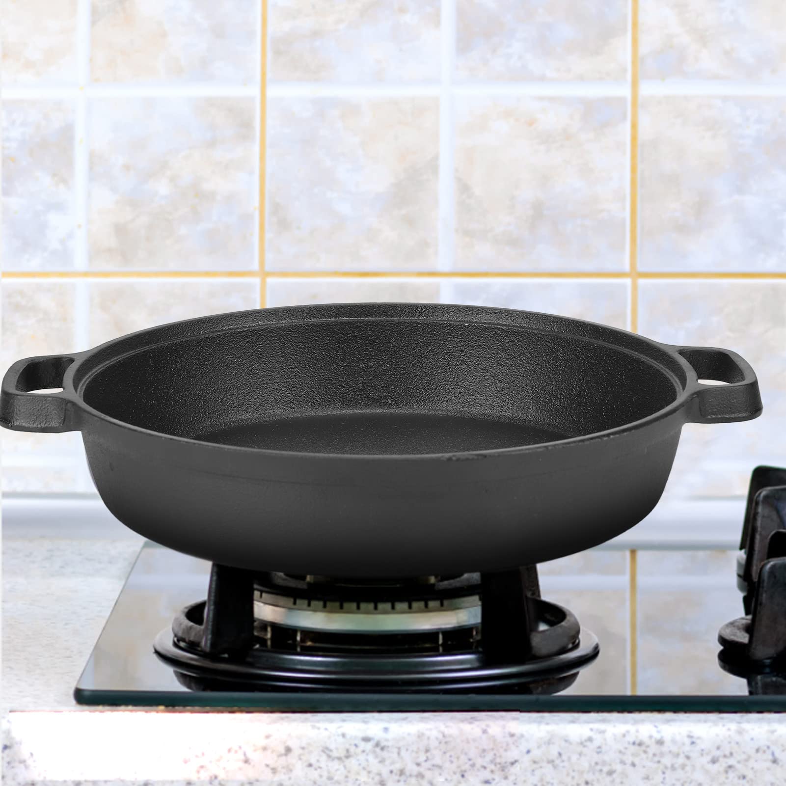 Cast Iron Skillet with 2 Handle, Non Stick Heat Resistant Frying Pan 25cm Rounde Mini Flat Bottomed Camping Skillet Cooking Cookware for Cooking Egg Steak