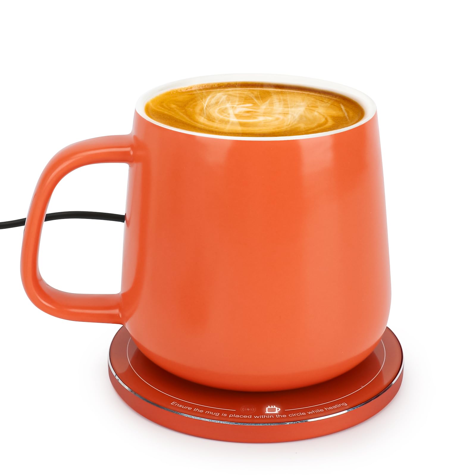 APEKX 2024 Upgraded Self-Heating Ceramic Mug - Stable 130°F Temperature, 15W Wireless Phone Charging, 12.8 fl oz Capacity - USB-C Enabled. (Tangerine)