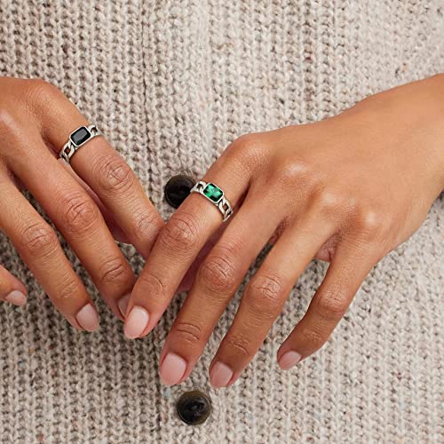 Bestyle Silver Black Onyx Ring - Sterling Silver Band Ring Index Middle Finger Stacking Doom Ring, Cuban Link Chain Band Ring with Black Crystal, Great Birthday Gift for Her, Size 8