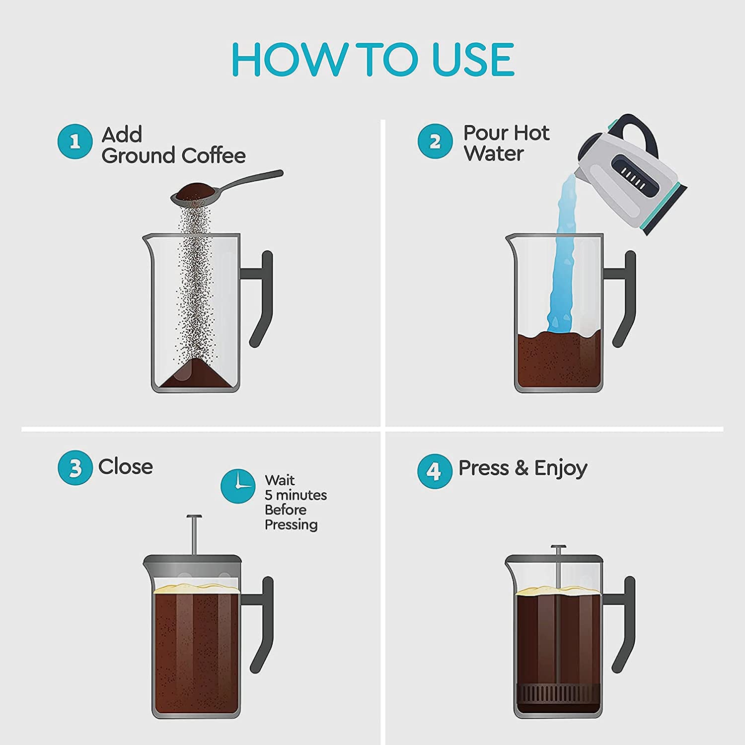 Belwares French Press Coffee Maker 50 Oz – Insulated Coffee Press Stainless Steel 304 Large – Coffee Spoon, Double Wall, & 4 Level Filtration System (1.5 Liter) – Silver