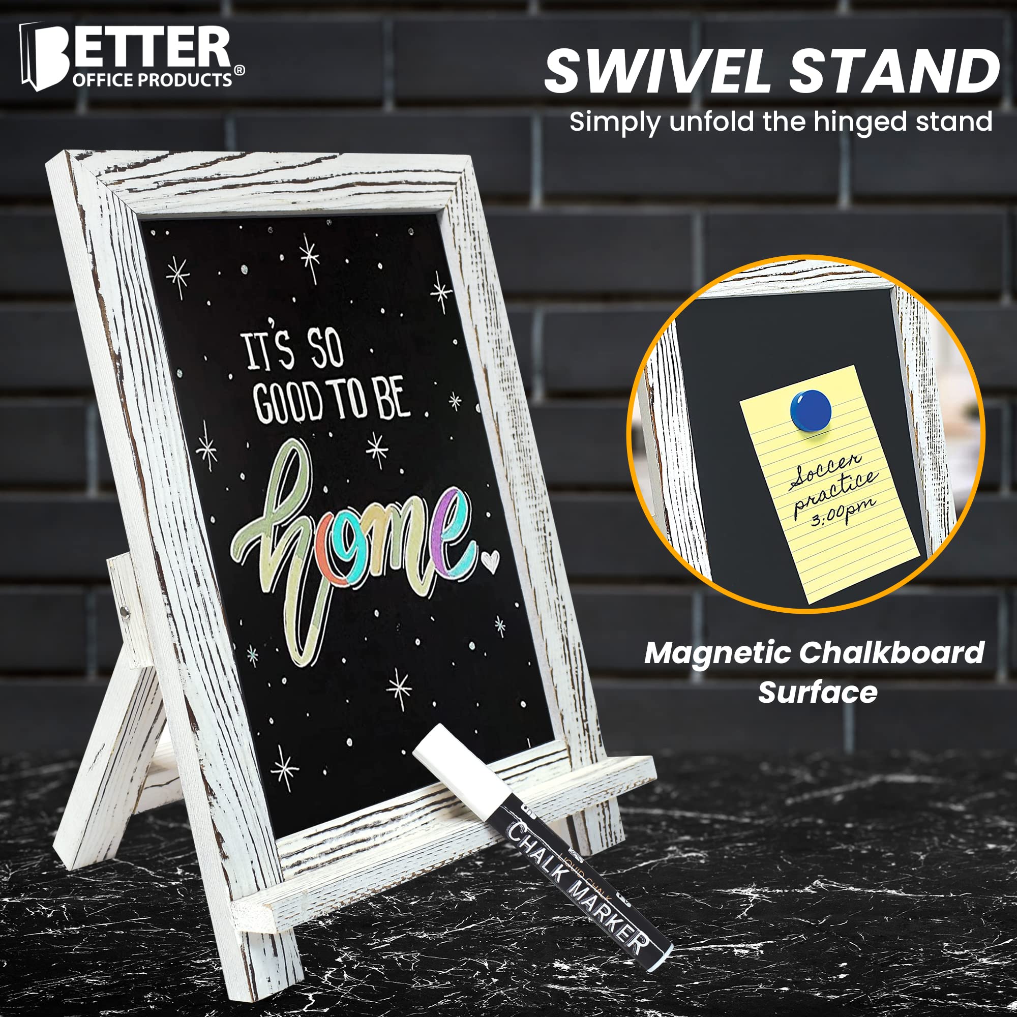 Better Office Products Framed Tabletop Chalkboard Sign, 9.5" x 14", Rustic Wood Frame, Small Magnetic Chalkboard with Built-in Ledge and Folding Stand, One White Chalk Marker Included,(Whitewash)