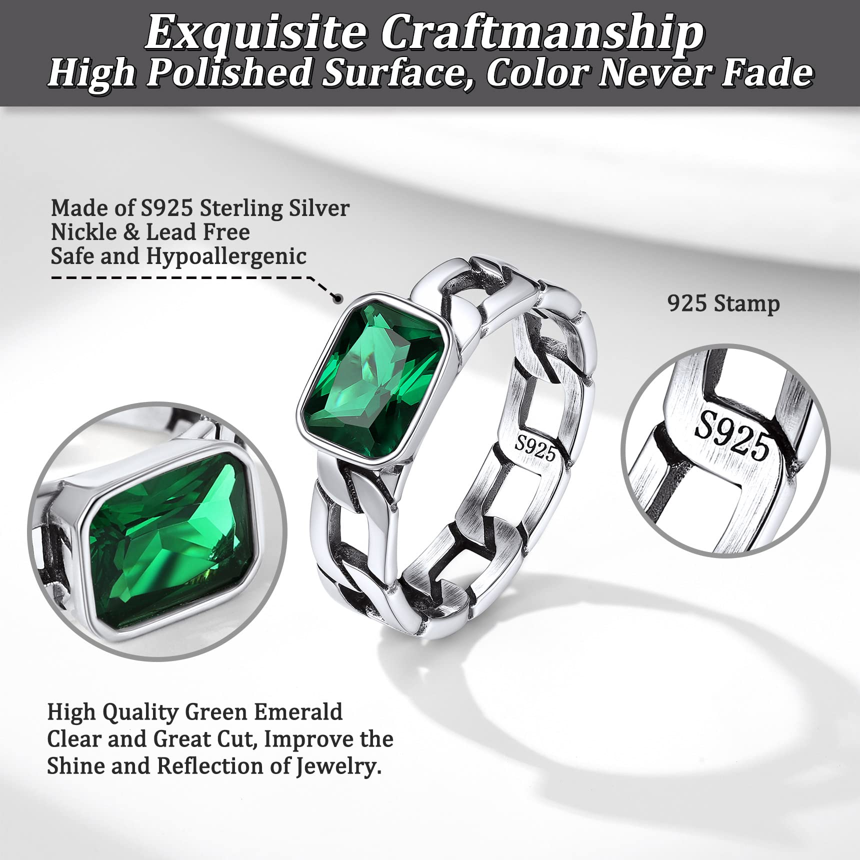 Bestyle Sterling Silver Emerald Ring Chunky Thick Cuban Link Chain Ring, Cubic Zirconia Promise Engagement Ring Couple Jewelry Gift for Girlfriend Wife, Size 10