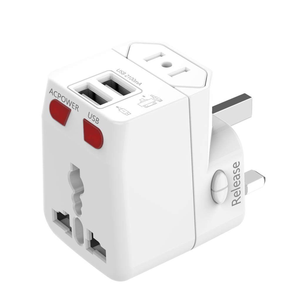 Universal Travel Adapter - 2 USB Ports Wonplug International Power Plug Adapter Small Wall Charger Adaptor for European US UK Thailand NZ Australia 150+Countries White