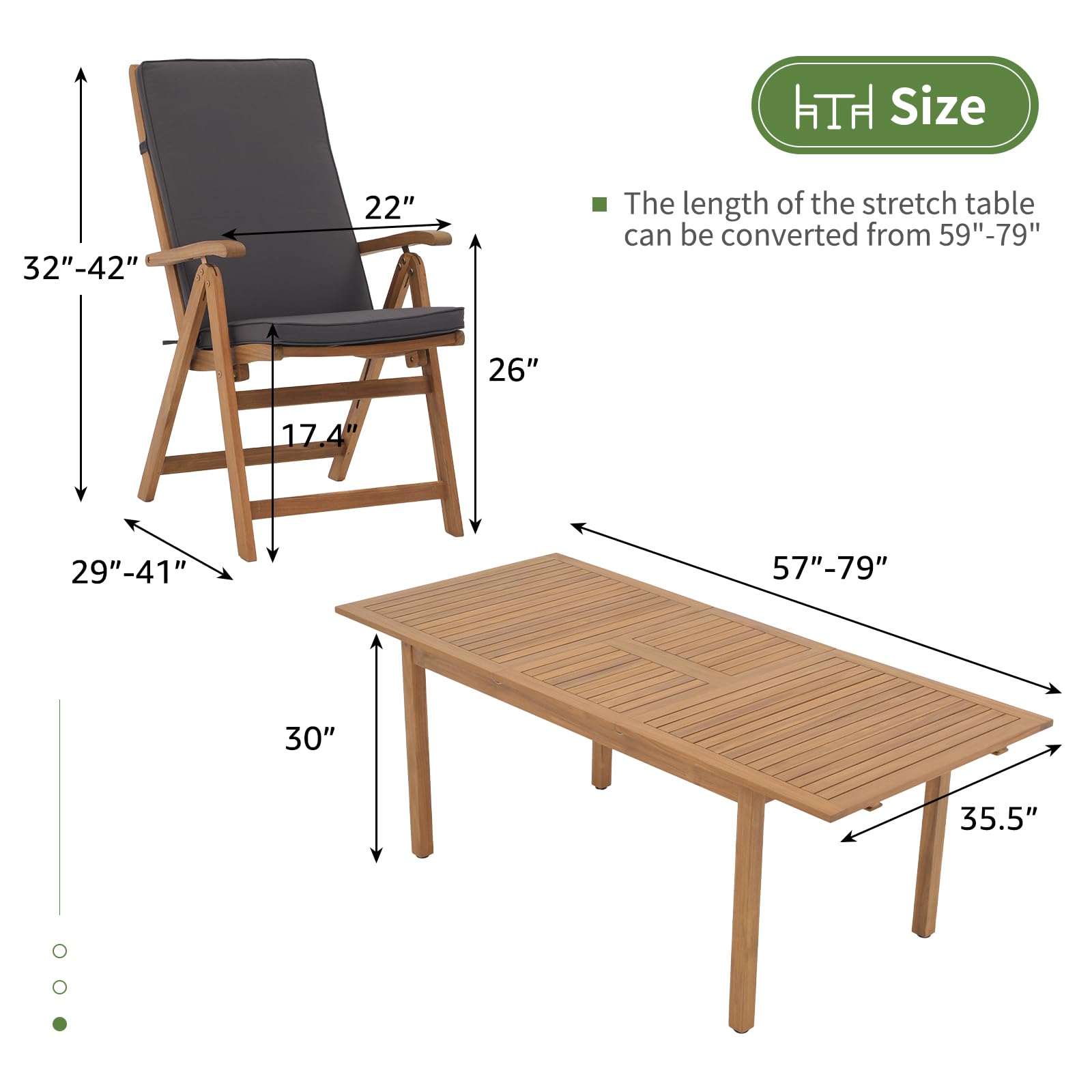 OC Orange-Casual 7 Piece Patio Dining Set, Outdoor Acacia Wood Furniture Set w/Extendable Rectangular Table and 6 Foldable Reclining Chair, FSC Certified, for Deck Garden Backyard, Beige