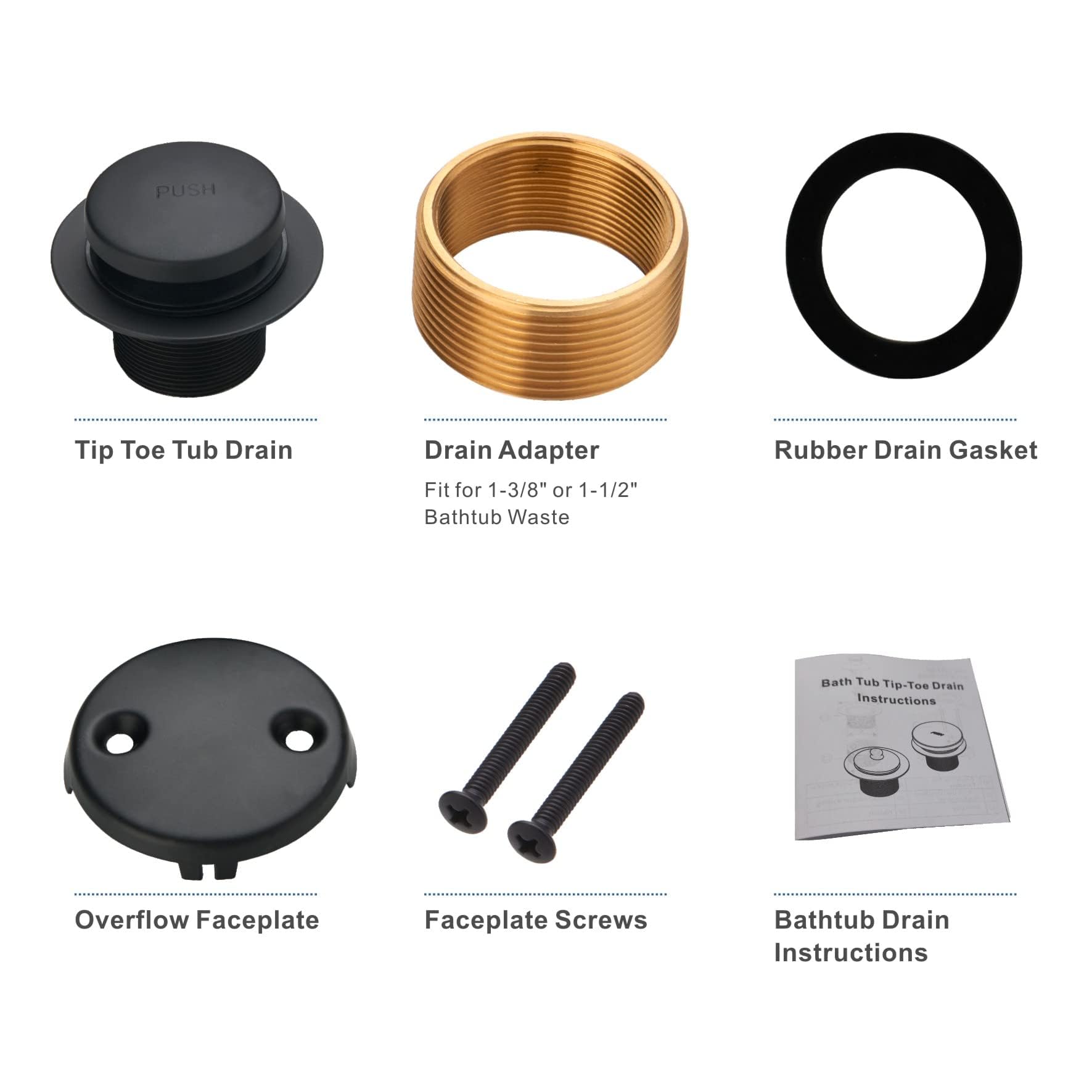 Black Tub Drain Tip-Toe Tub Trim Set Conversion Kit Assembly, Hidrop Bathtub Drain Replacement Trim Kit with 2-Hole Overflow Faceplate and Universal Fine/Coarse Thread, Matte Black