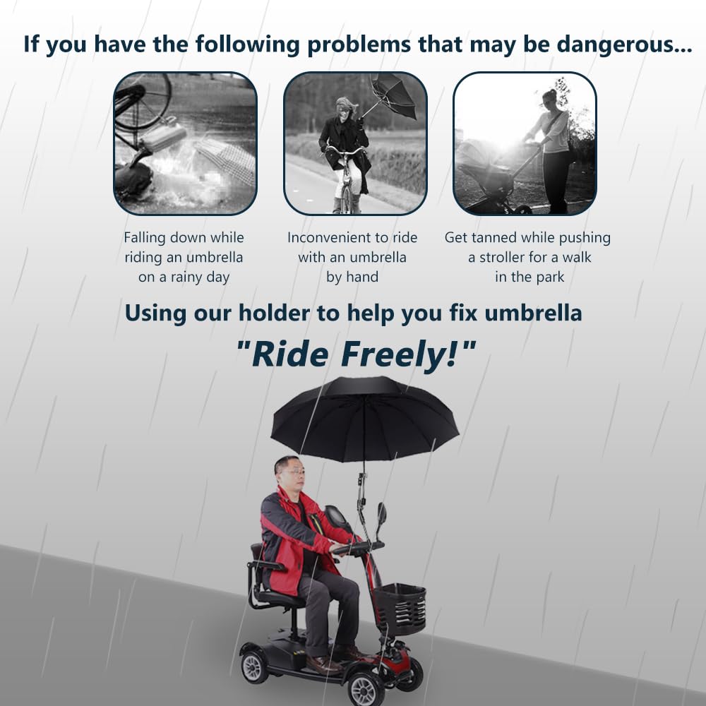 Umbrella Holder for Elderly Mobility Scooter, Wheelchair Grip Mount Stand Adjustable Stretch Bracket Accessories, Fits for 0.78"-1.2" Handlebar