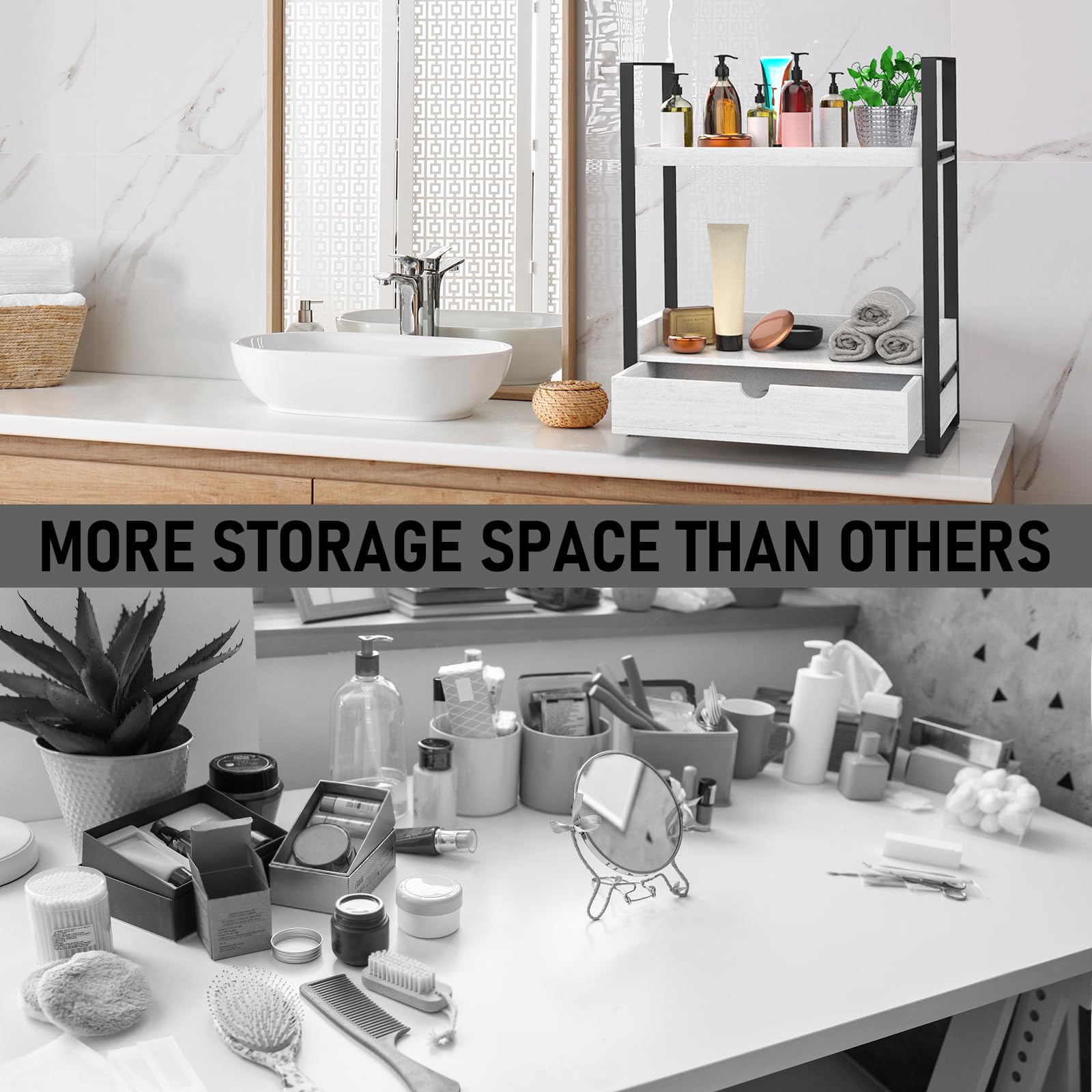 AnnBay Bathroom Counter Organizer,2 Tier Bathroom Organizer Countertop,Bathroom Counter Organizer with Drawers,Wooden Bathroom Organizer with Metal Frame,Perfect for Bathroom,Makeup,Kitchen Storage