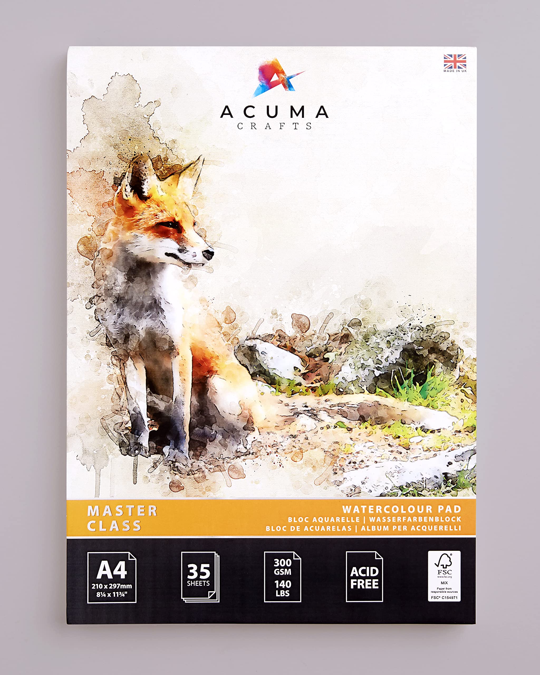 Watercolor Paper Artist Art Pad 35 Sheets, 140lb/300 GSM, Glue Bound, Acid Free, Cold Pressed for Artists Drawing and Sketching Techniques, Made in UK