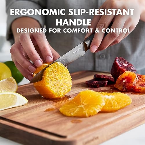 GreenPan Cutlery Knife and Cutting Board 3 Piece Set, Stainless Steel Titanium Coated Blades, Ergonomic Slip-Resistant Handles, 8” Chef’s and 5” Serrated Knife, 11” x 14” Acacia Wood Board, Gray