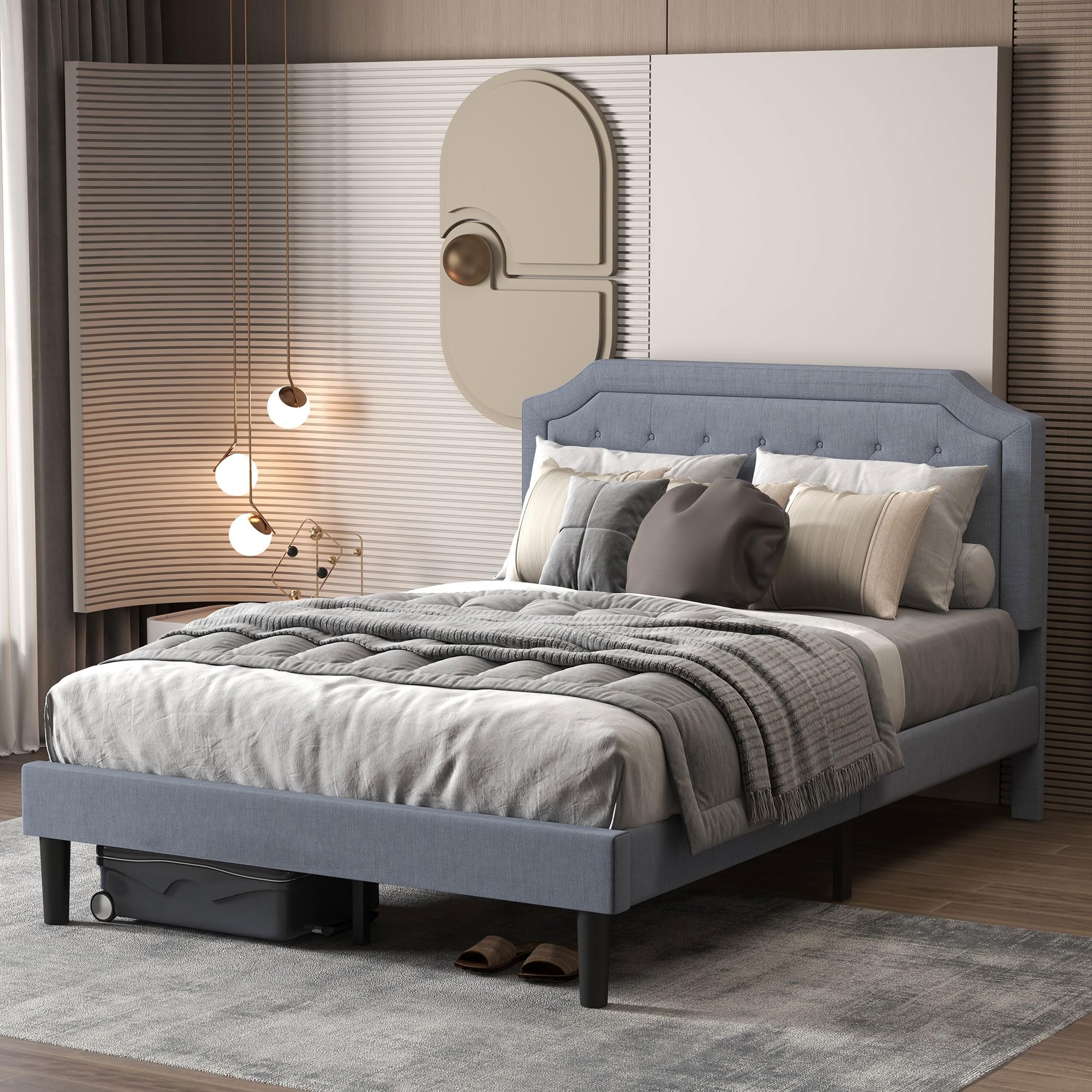 Bonzy Home Full Bed Frame with Button-Tufted Headboard, Modern Platform Bed Frame Queen Size with Under-Bed Storage Space, Solid Wooden Slats, No Box Spring Needed, Noise-Free, Grey