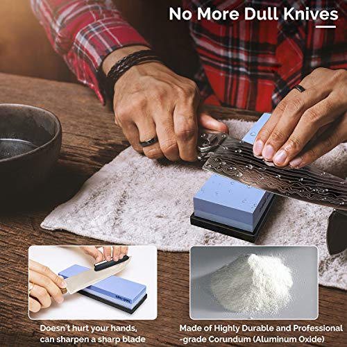 Complete Knife Sharpening Stone Set β Dual Grit Whetstone 400/1000 3000/8000 Premium Whetstone Knife Sharpener with Leather Strop, Flattening Stone, Bamboo Base, 3 Non-slip Rubber Bases & Angle Guide