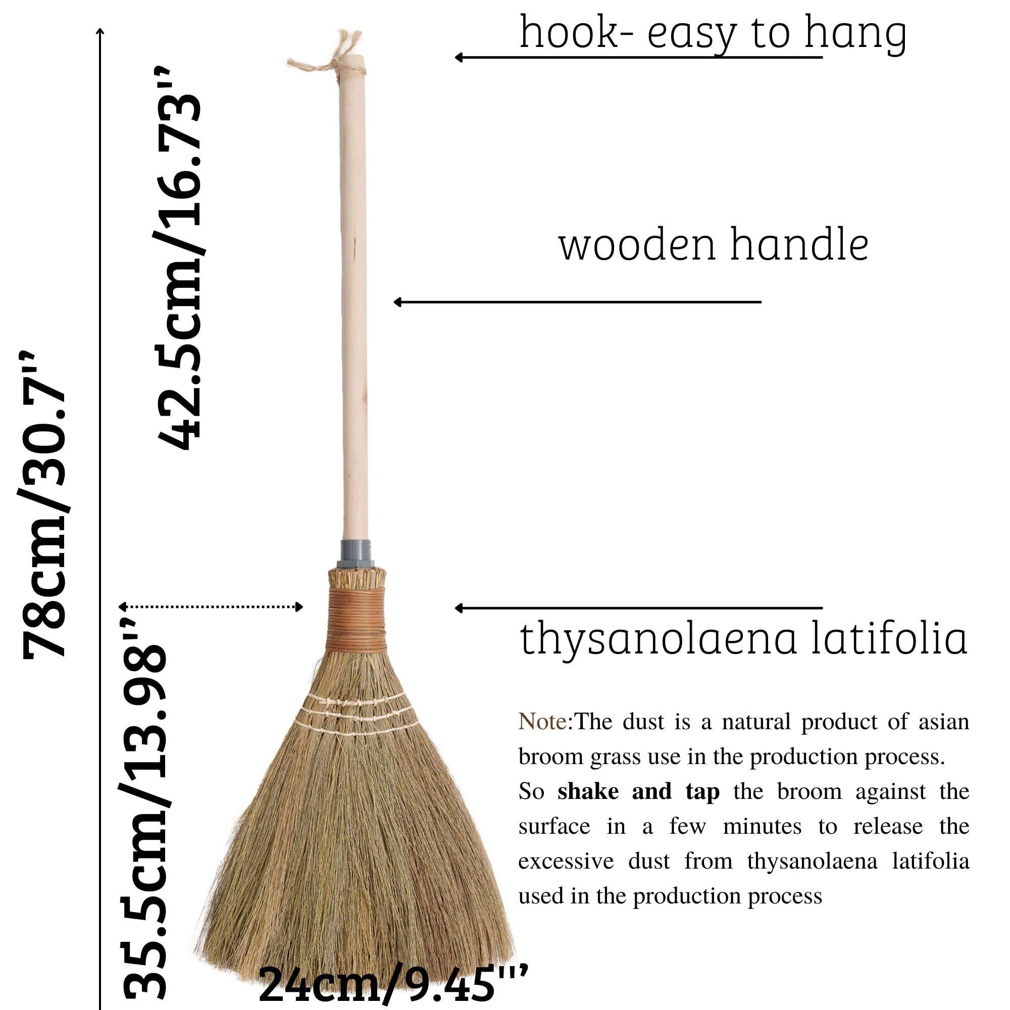 Natural Whisk Sweeping Hand Handle Broom - Vietnamese Straw Soft Broom for Cleaning Dustpan Indoor - Outdoor - Decorative Brooms - Wooden Handle - 9.84'' Width, 27.55" Length